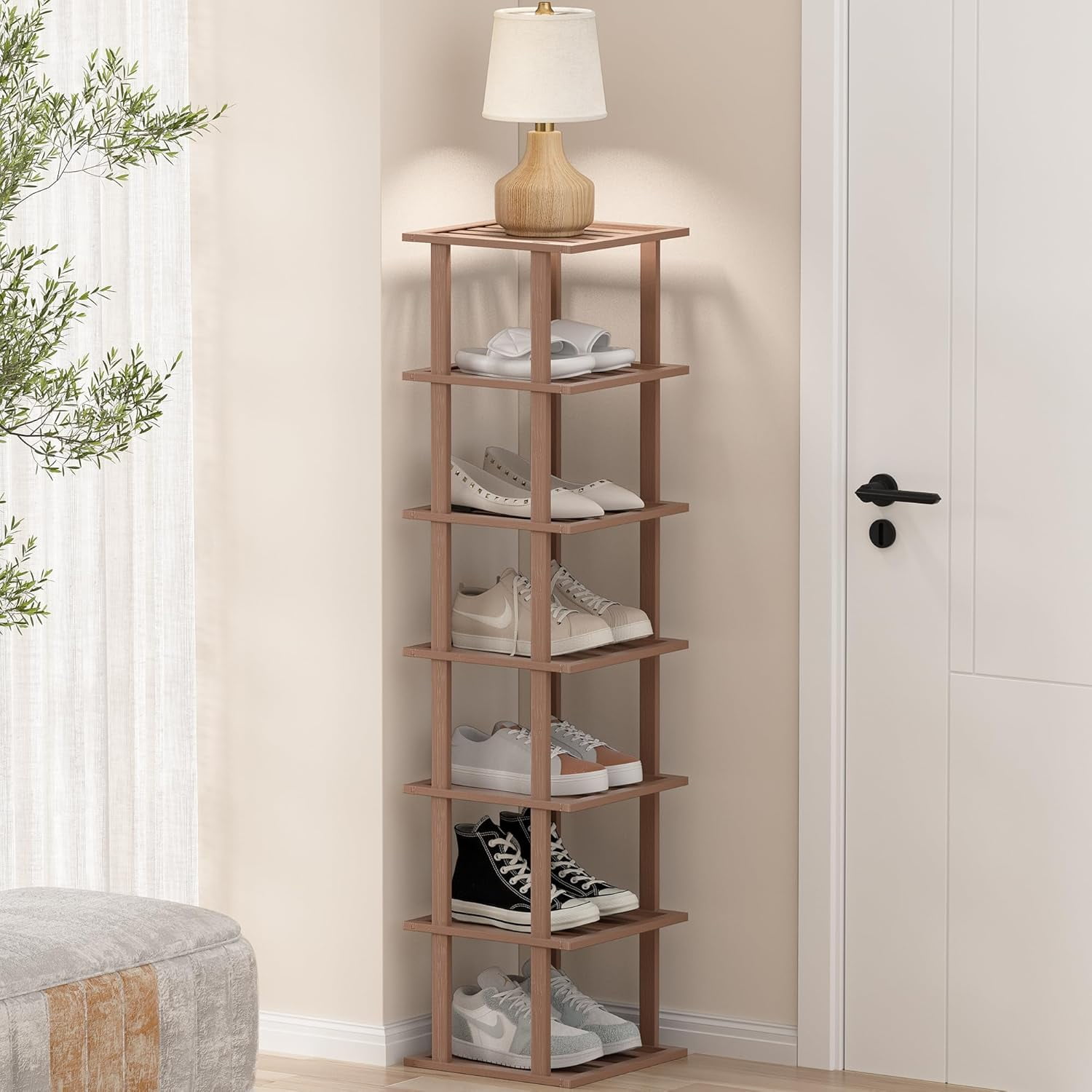 Bamboo Shoe Rack for Front Door Entrance, Brown Vertical Shoe Rack ...