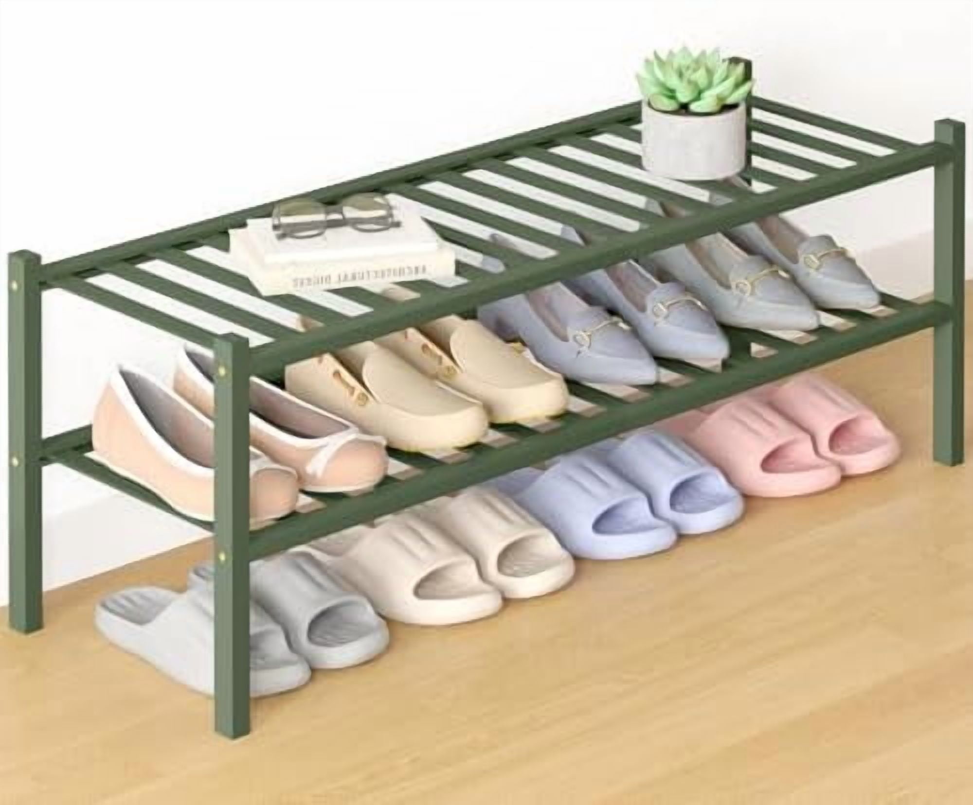 Bamboo Shoe Rack for Closet, 2 Tier Long Wooden Stackable Shoe ...