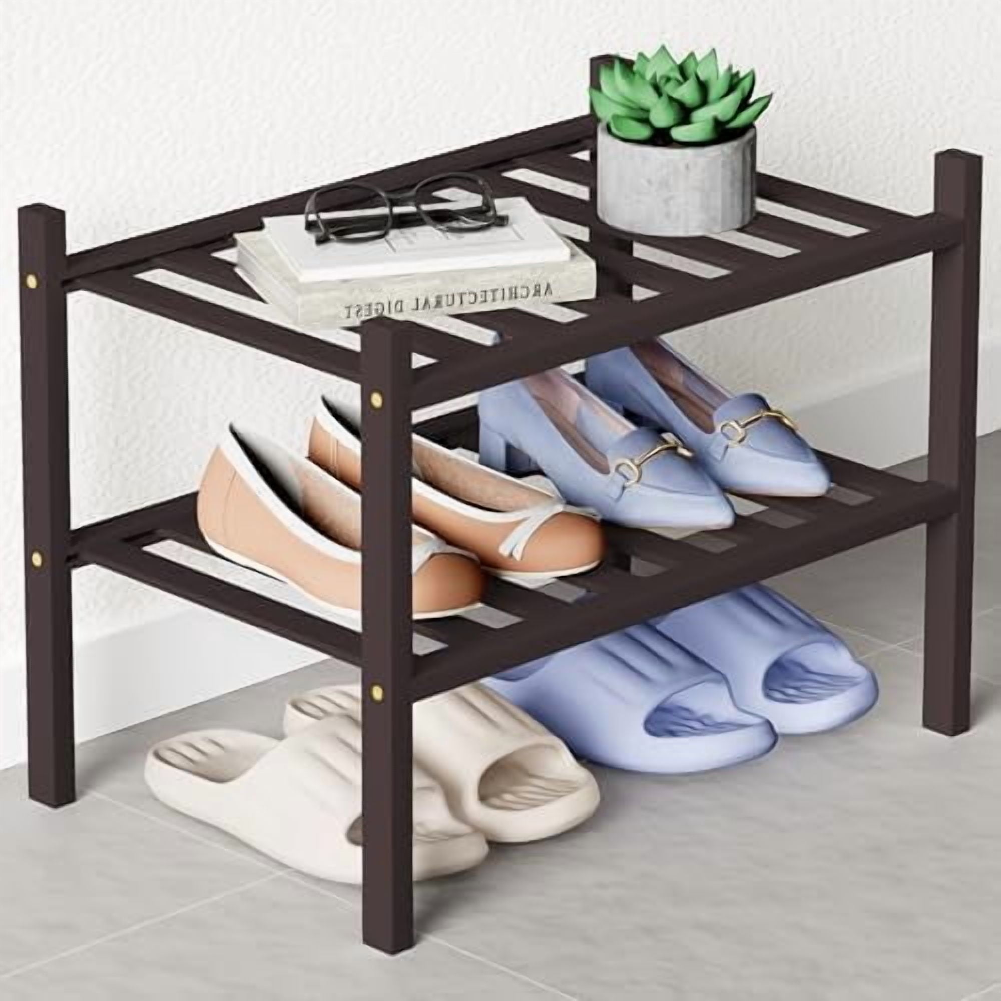 Bamboo Shoe Rack for Closet, 2 Tier Small Wooden Stackable Shoe ...