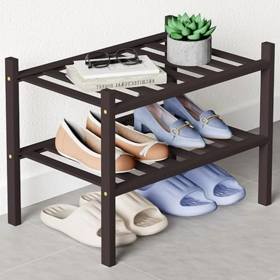 Bamboo Shoe Rack for Closet, 2 Tier Small Wooden Stackable Shoe ...