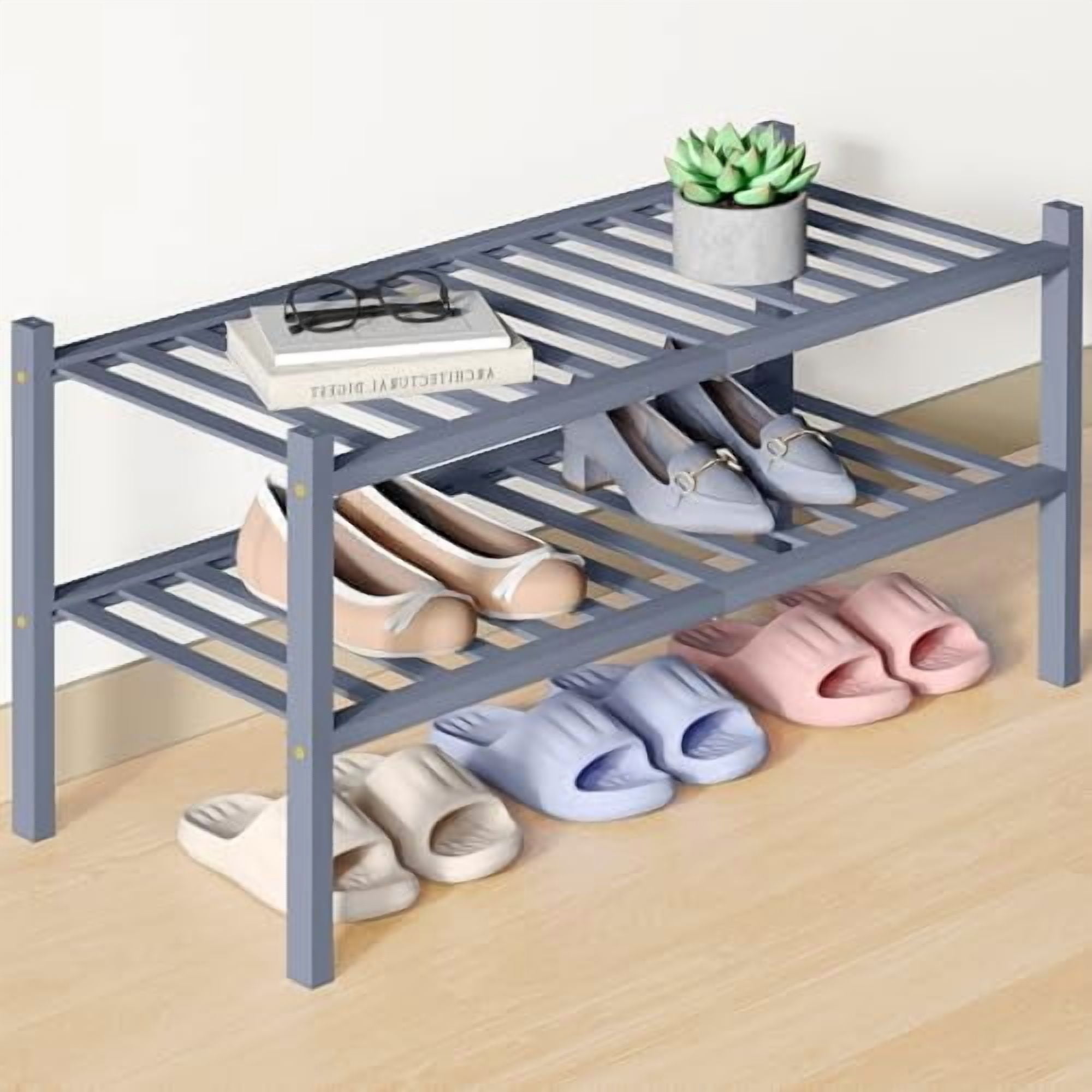 Bamboo Shoe Rack for Closet, 2 Tier Wooden Stackable Shoe Organizer ...