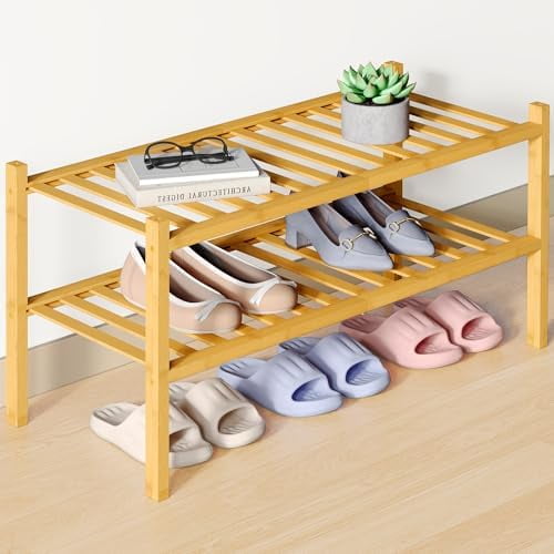Bamboo Shoe Rack for Closet, 2 Tier Wooden Stackable Shoe Organizer ...
