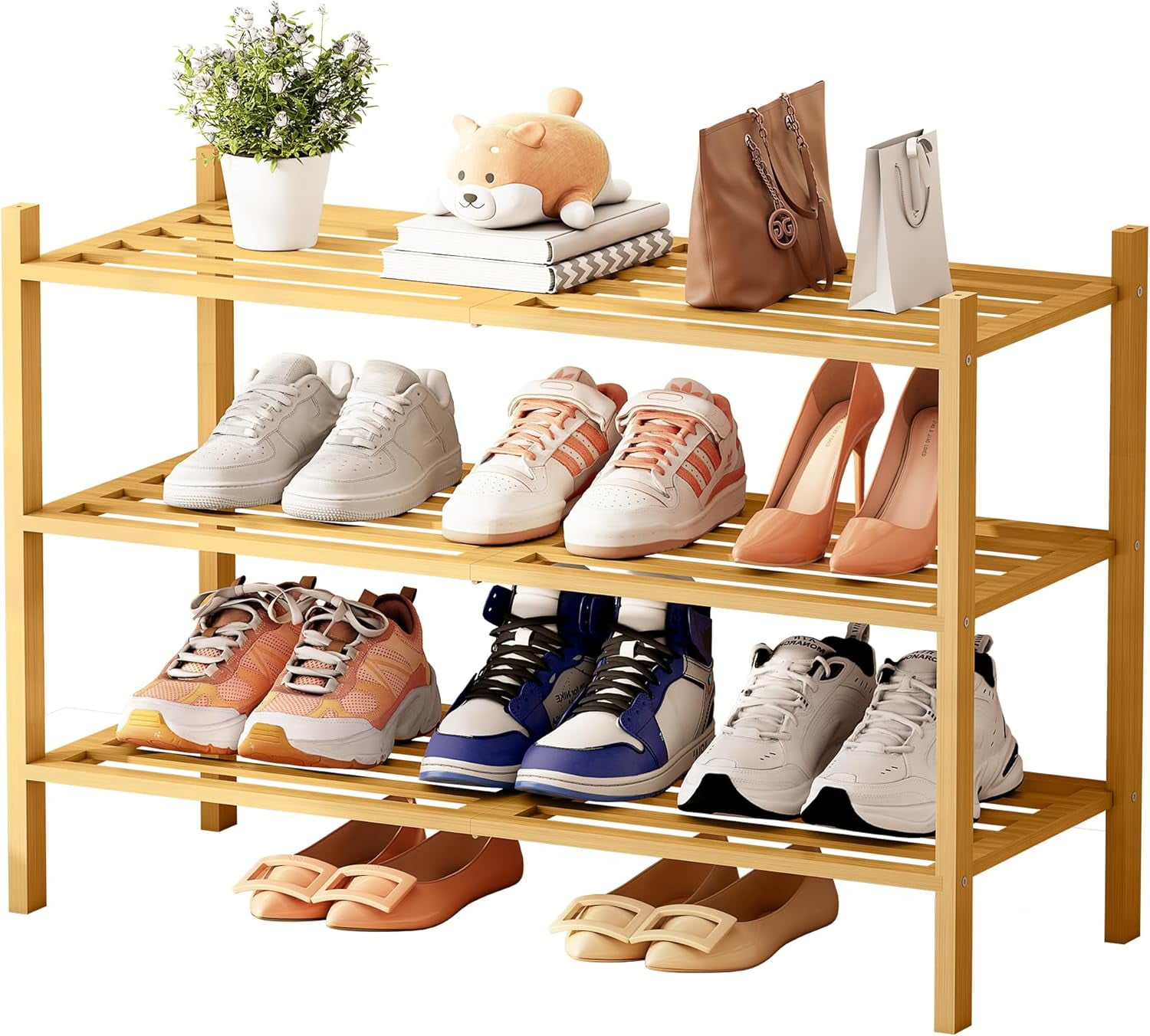 Bamboo Shoe Rack for Closet 3 Tier, Durable Wooden Shoe Rack, Space ...