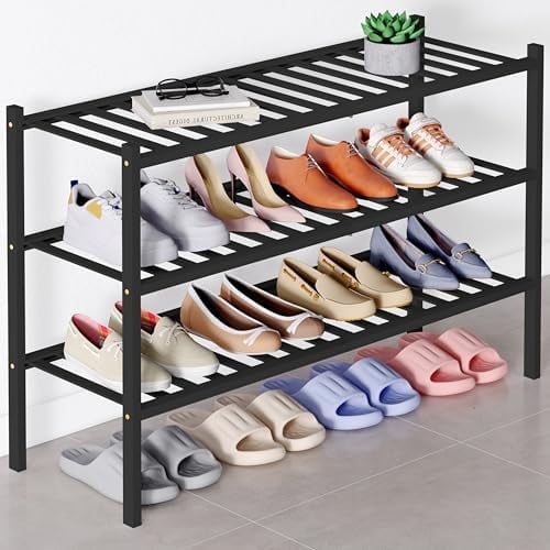 Bamboo Shoe Rack for Closet, 3 Tier Long Wooden Stackable Shoe ...