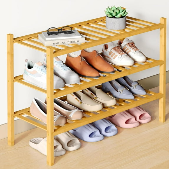 Bamboo Shoe Rack for Closet, 3 Tier Small Wooden Stackable Shoe ...