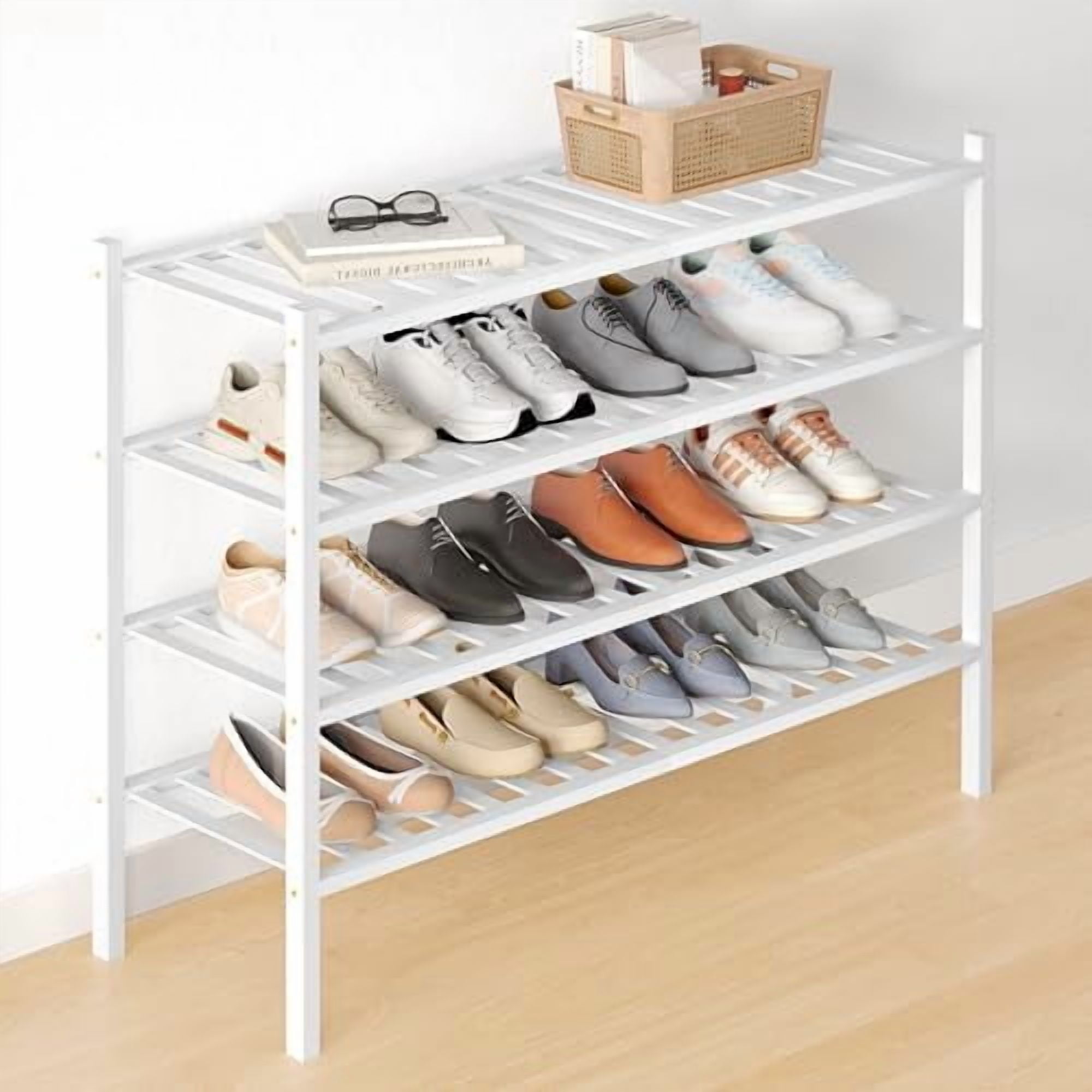 Bamboo Shoe Rack for Closet, 4 Tier Long Wooden Stackable Shoe ...