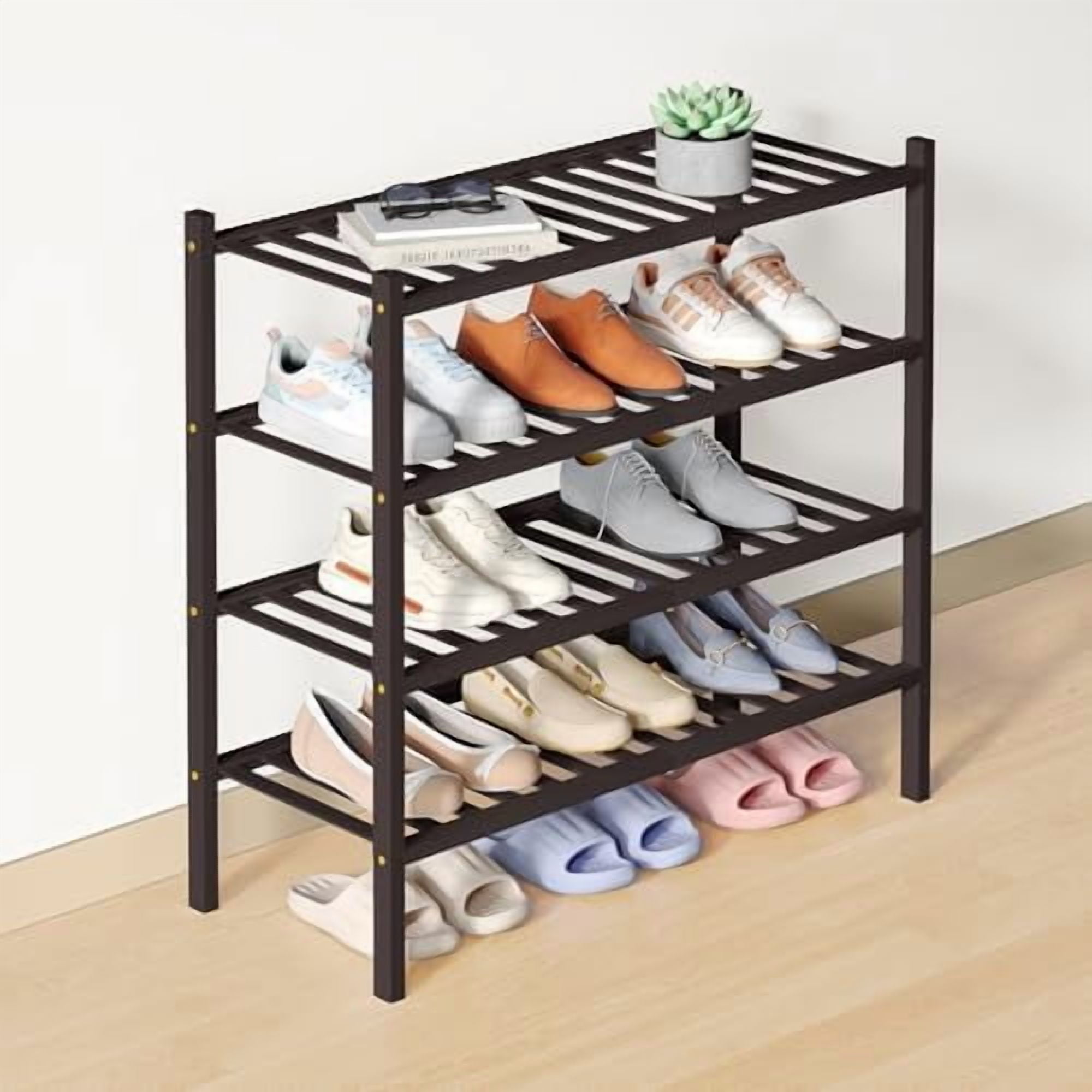 Bamboo Shoe Rack for Closet, 4 Tier Wooden Stackable Shoe Organizer ...