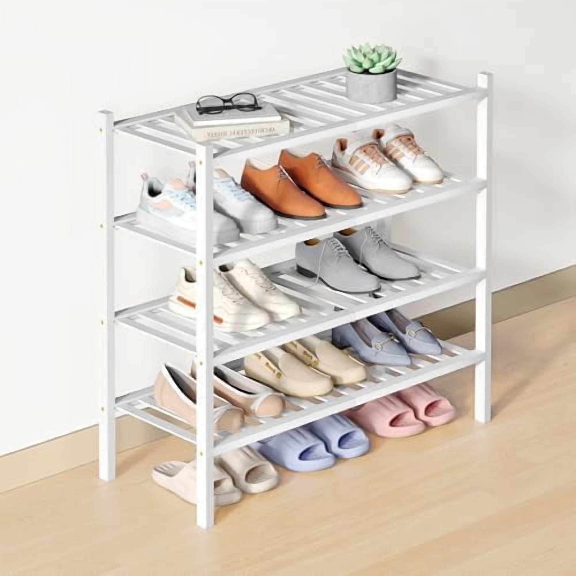 Bamboo Shoe Rack for Closet, 4 Tier Wooden Stackable Shoe Organizer ...