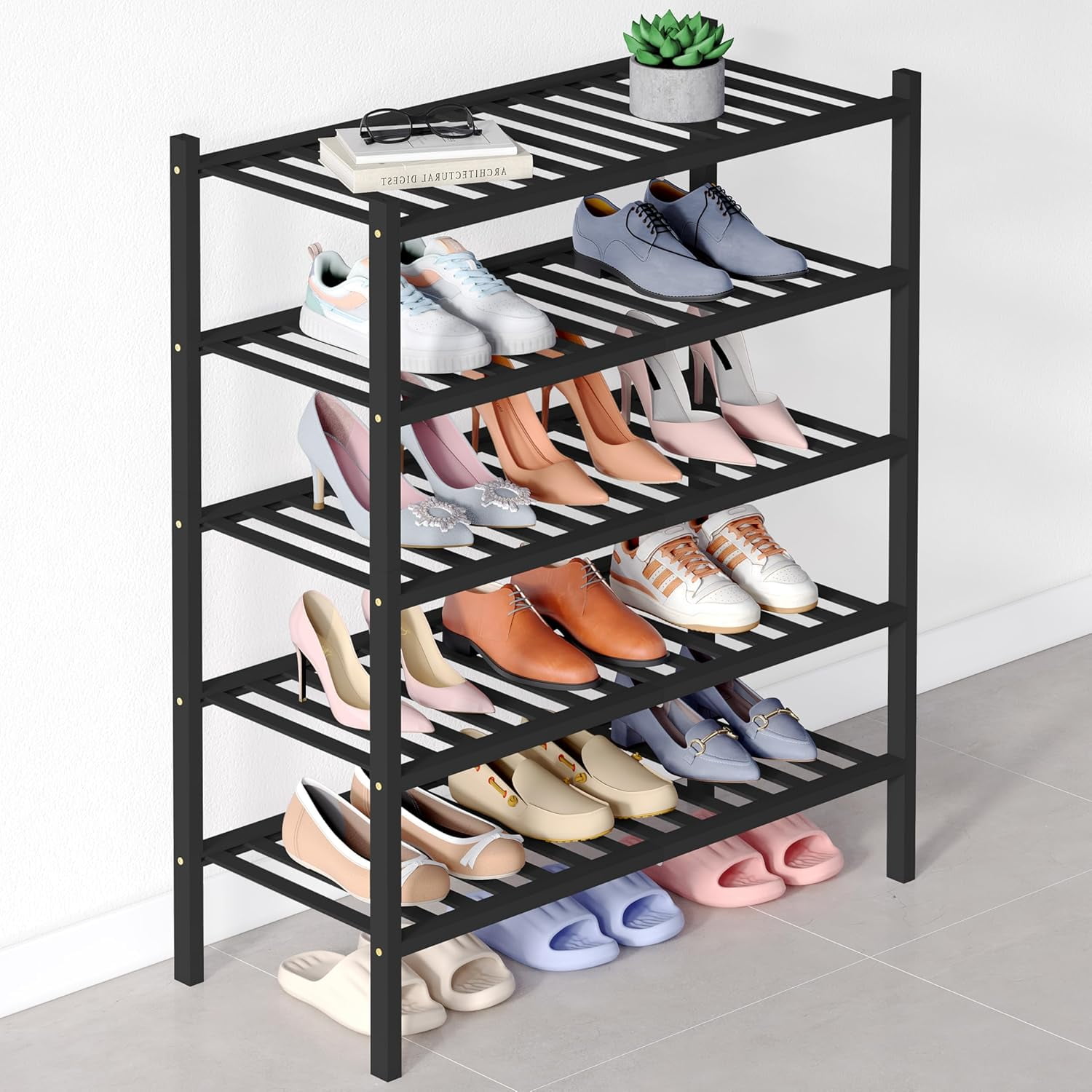 Bamboo Shoe Rack for Closet, 5 Tier Wooden Stackable Shoe Organizer ...