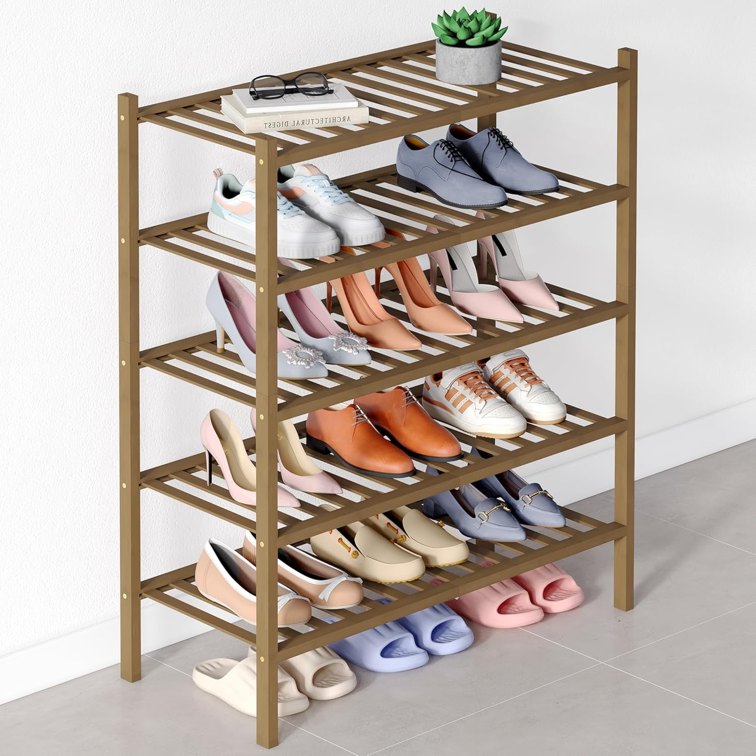 Bamboo Shoe Rack for Closet, 5 Tier Wooden Stackable Shoe Organizer ...