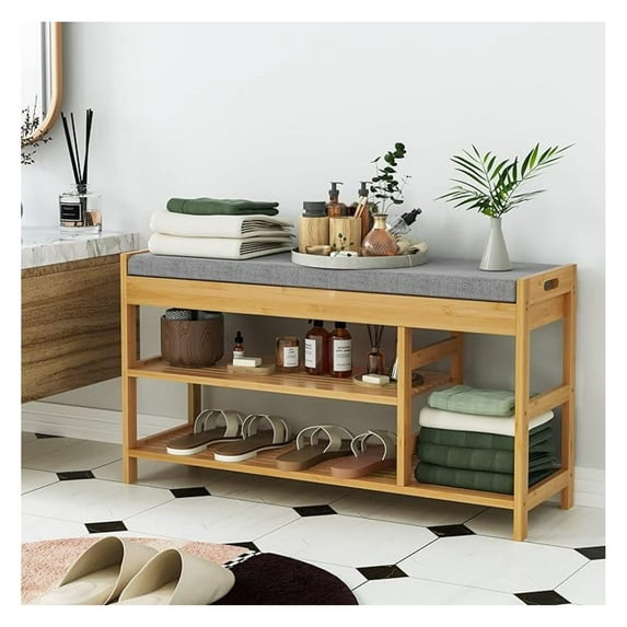 Bamboo Shoe Rack with Padded Seat - Entryway Organizer, Shoe Storage Bench for Hallway, Mudroom ...