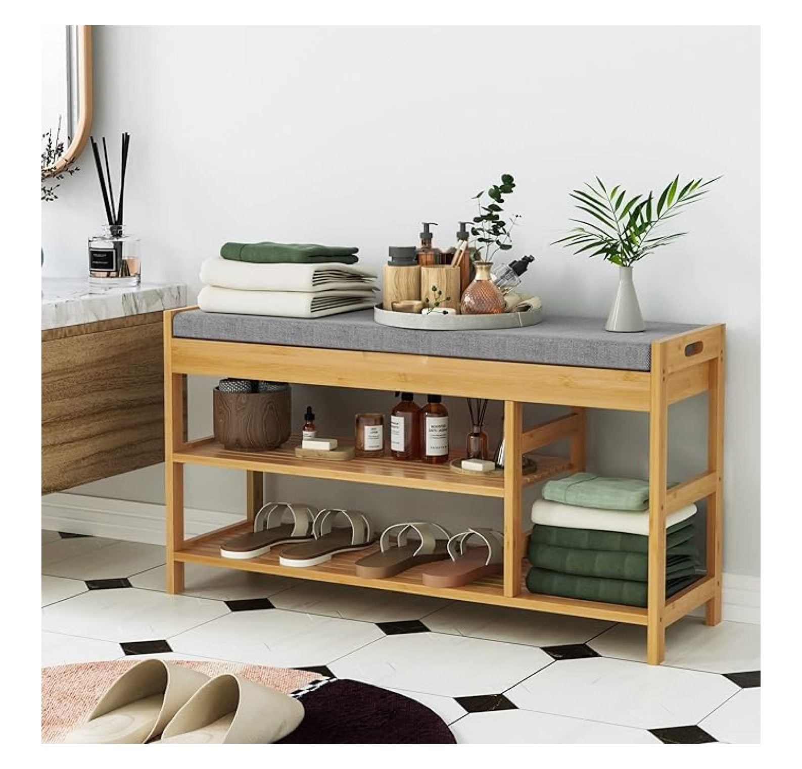 Bamboo Shoe Rack with Storage, Entryway Storage with Padded Seat, Shoe ...