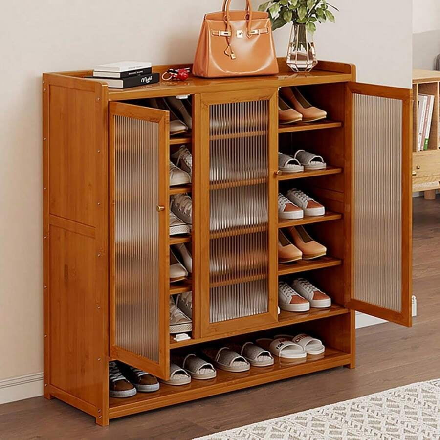 Bamboo Shoe Storage Cabinet With 3 Translucent Doors, 8 Tier ...