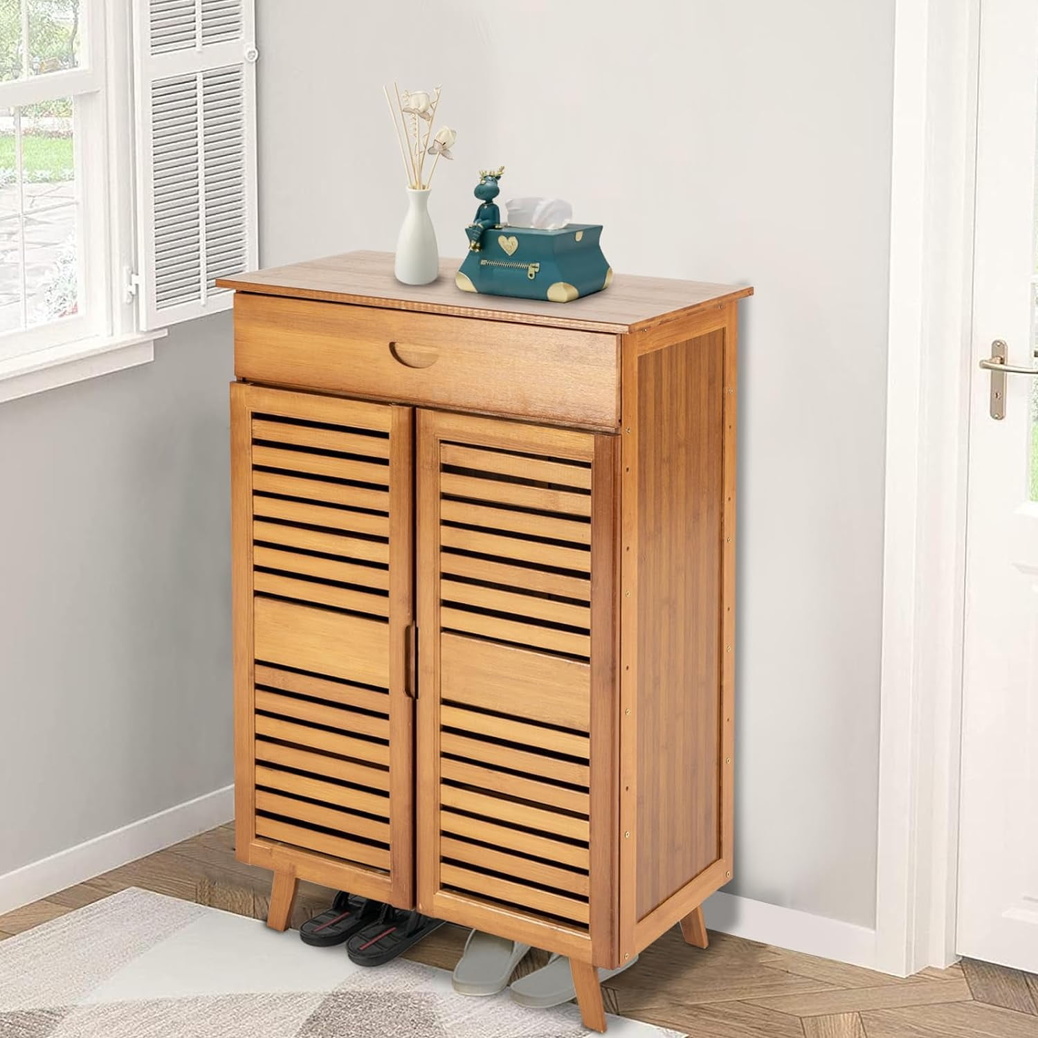 Bamboo Shoe Storage Cabinet 4 Tiers Shoe Rack with Doors, Enclosed Shoe ...