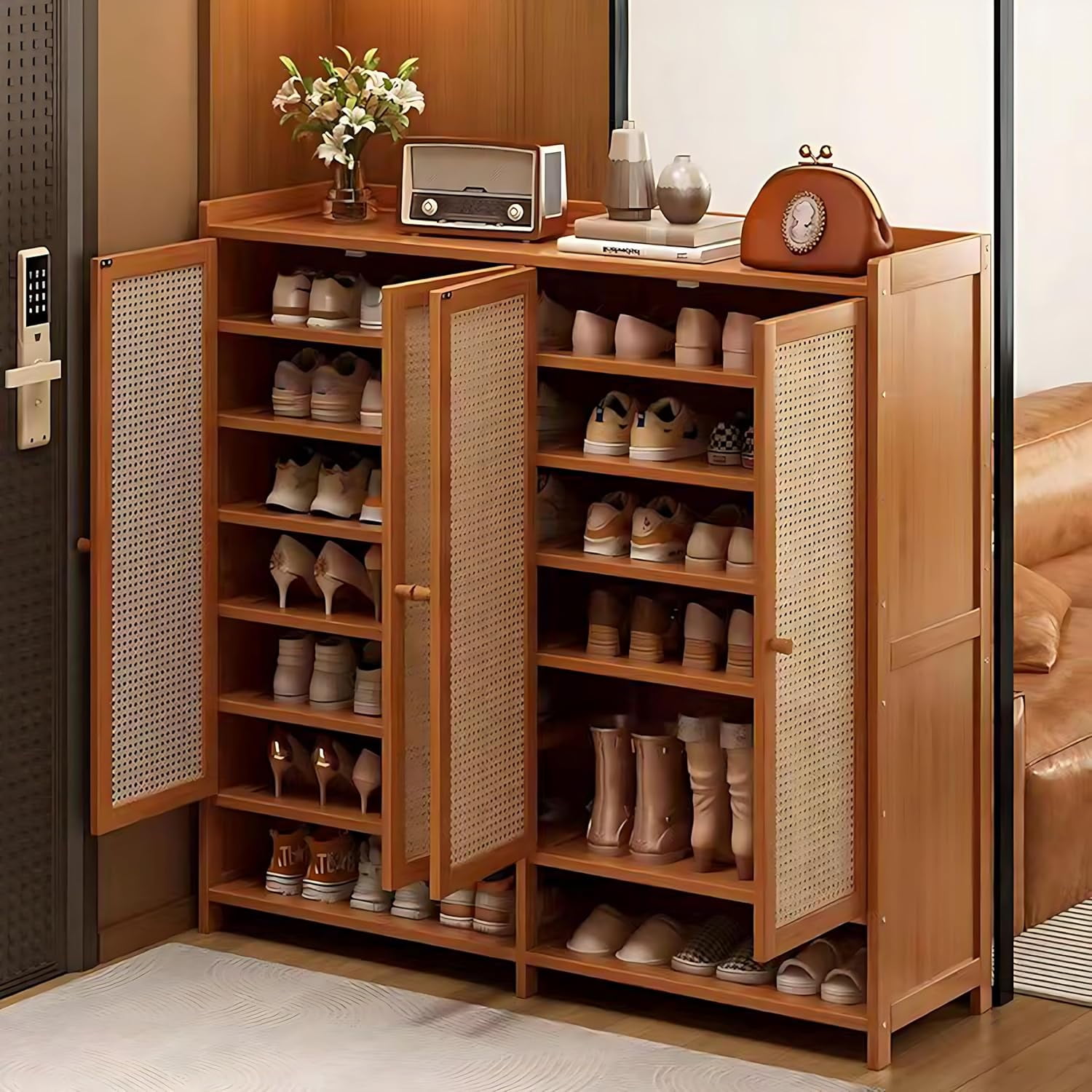 Bamboo Shoe Storage Cabinet with Doors, 8 Tier Freestanding Shoe ...