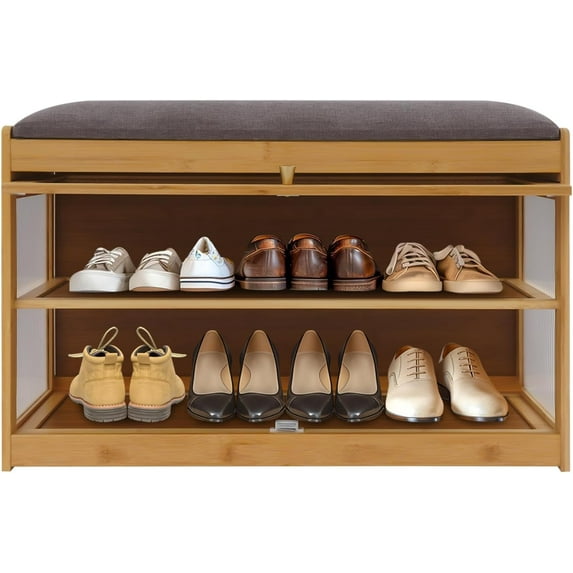 Bamboo Shoe with Storage - 2-Tier Entryway Shoe Rack with Cushioned ...