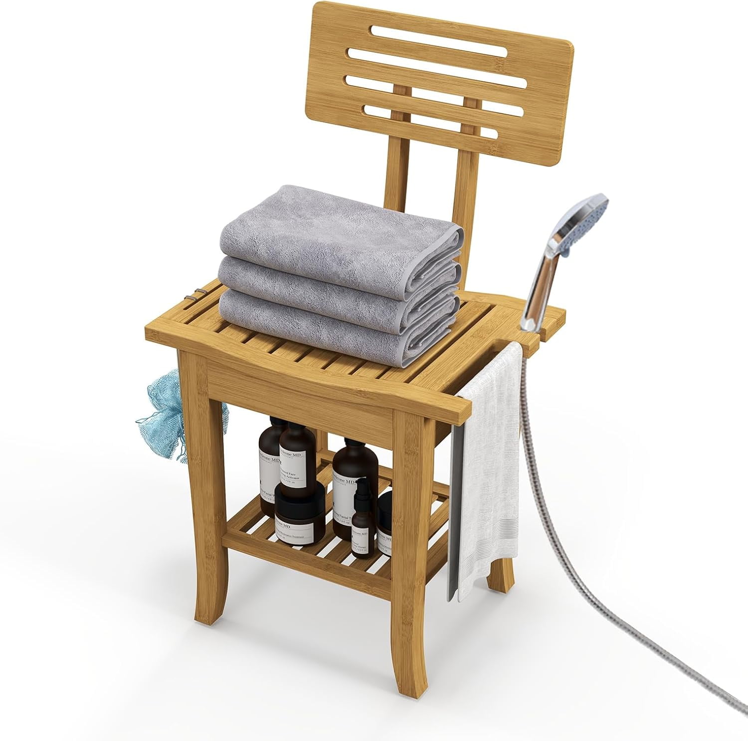 Bamboo Shower Bench with Backrest - Small Shower Stool with Storage ...