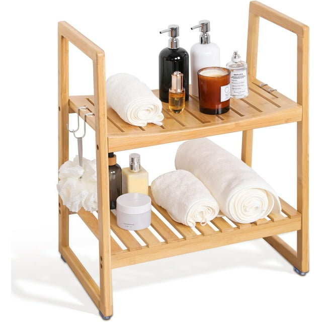 Bamboo Shower Bench - Shower Seat with Arms Storage Shelf, Bath Benches ...