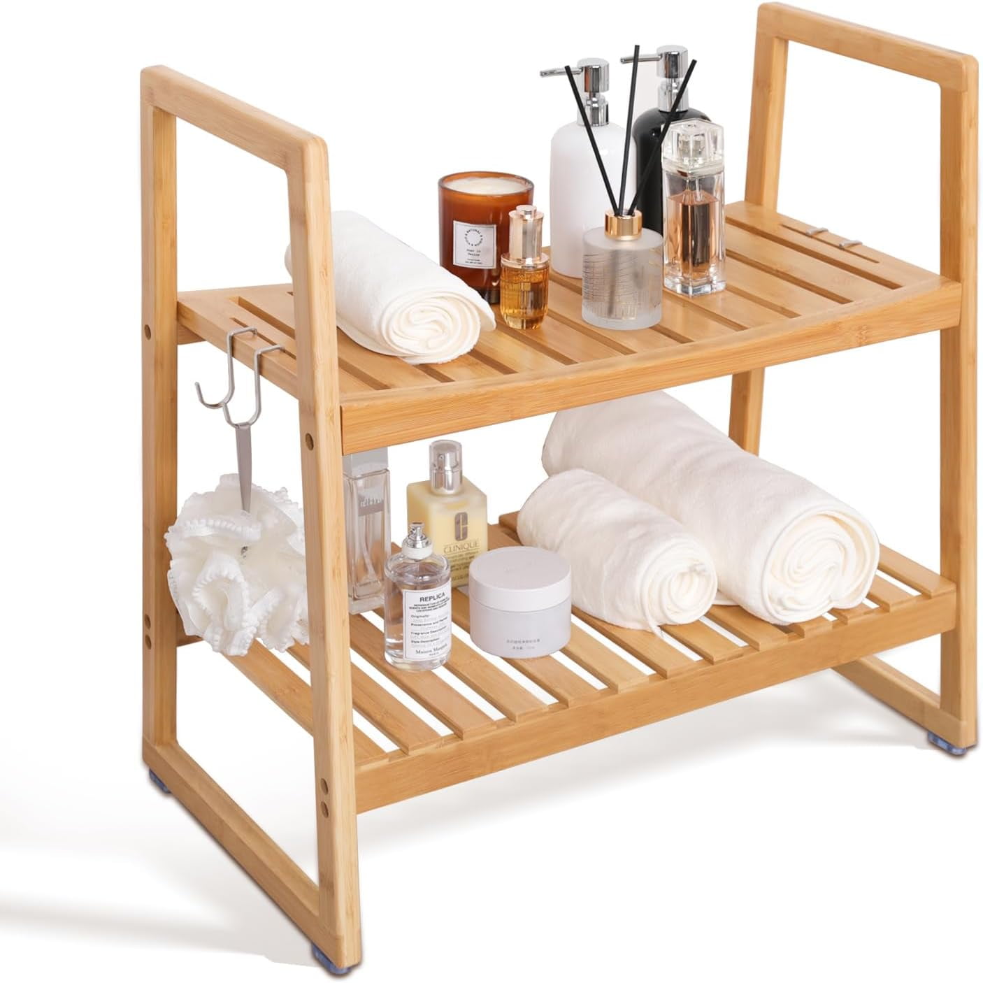 Bamboo Shower Bench Spa Stool with Storage Shelf,2-Tier Shower Chair ...