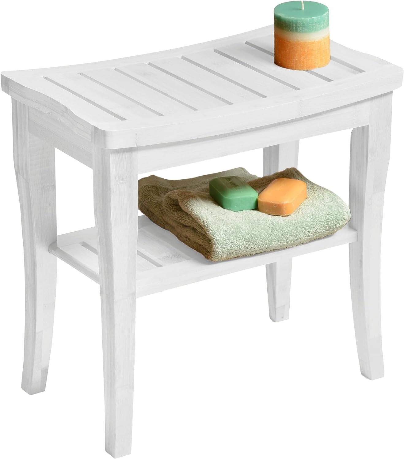 Bamboo Shower Bench Spa Stool - White Wood 2-Tier Seat, Foot Rest ...