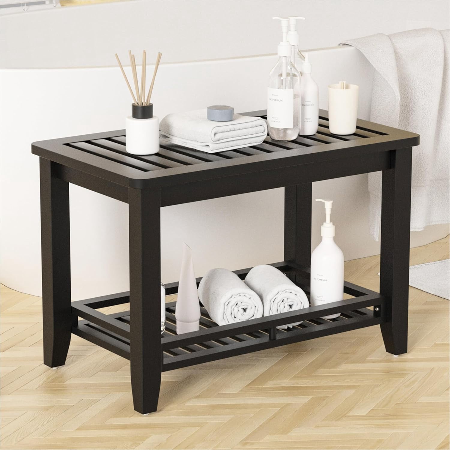 Bamboo Shower Bench Stool Bathroom Shower Chair Seat with Storage Shelf ...