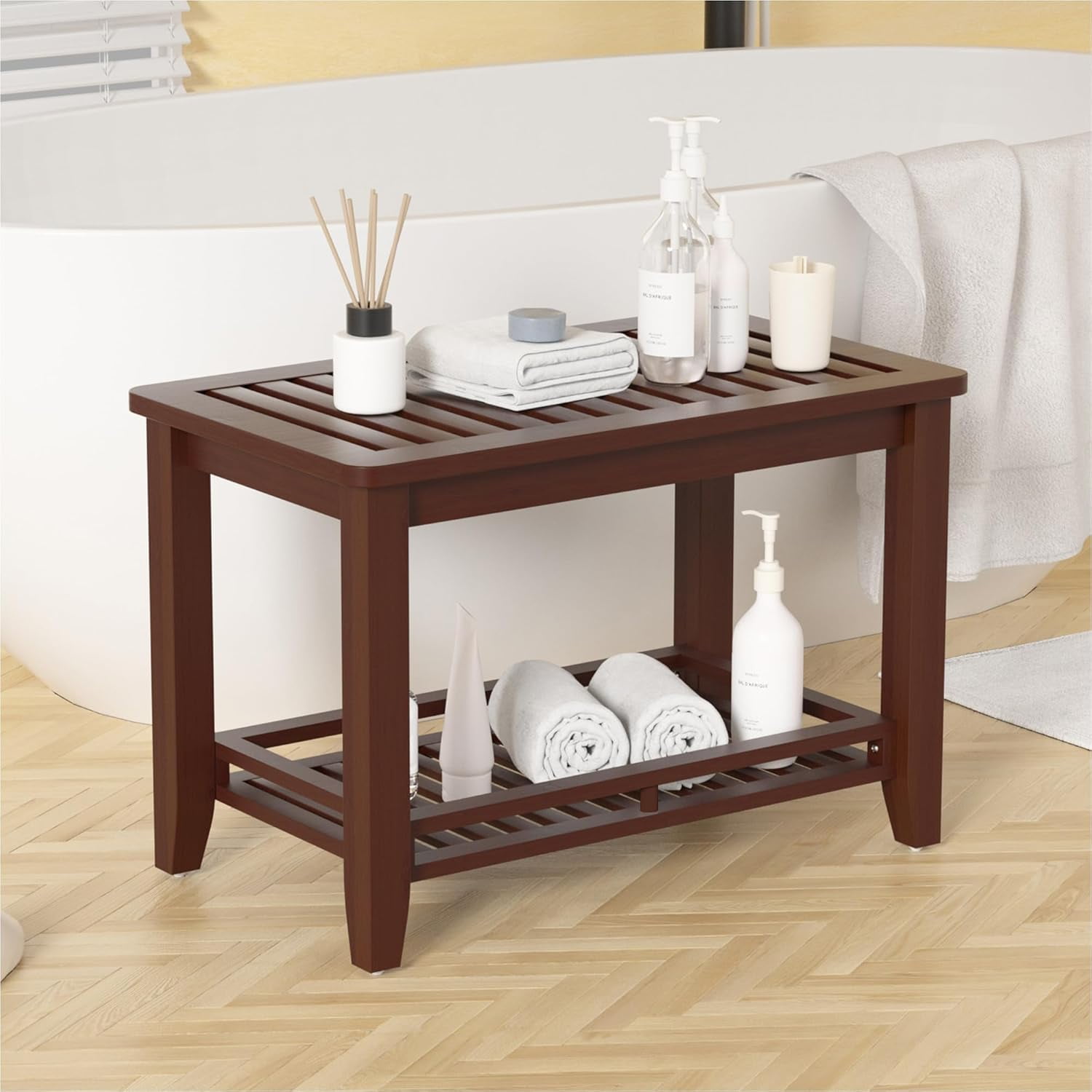 Bamboo Shower Bench Stool Bathroom Shower Chair Seat with Storage Shelf ...