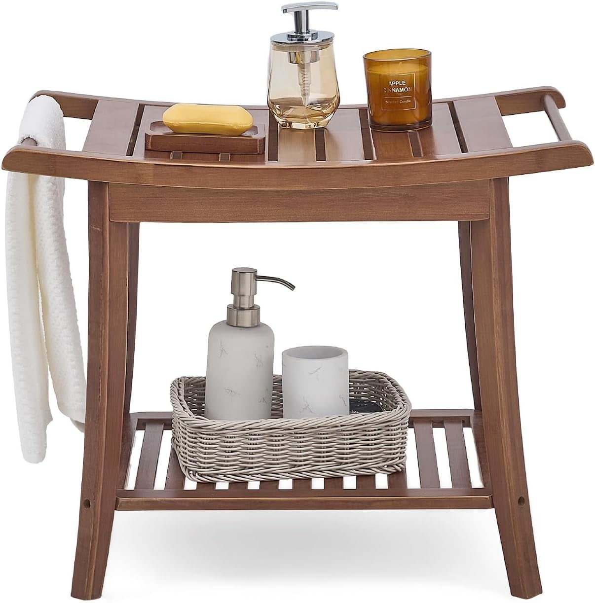 Bamboo Shower Bench Stool with Storage Shelf and Soap Dish, Waterproof ...