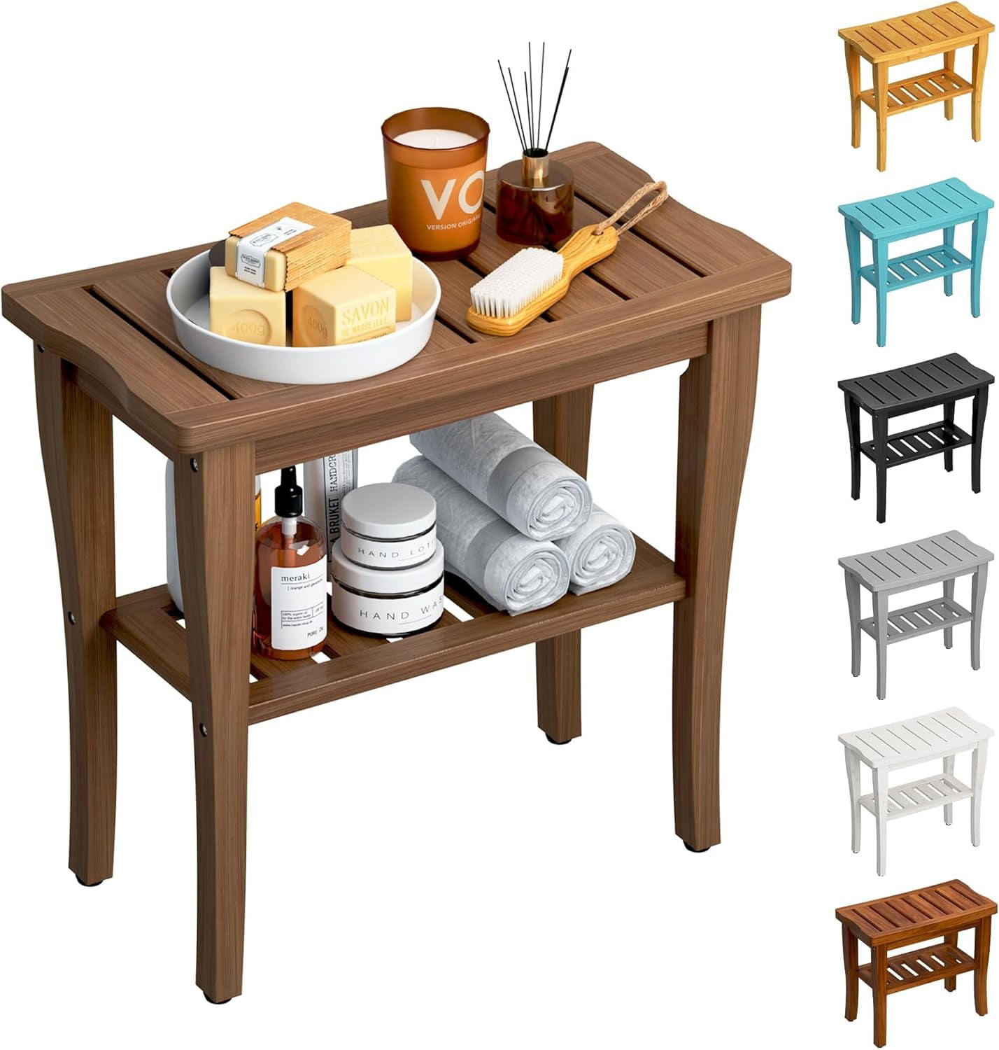 Bamboo Shower Bench Stool with Storage Shelf, Waterproof Shower Chair ...