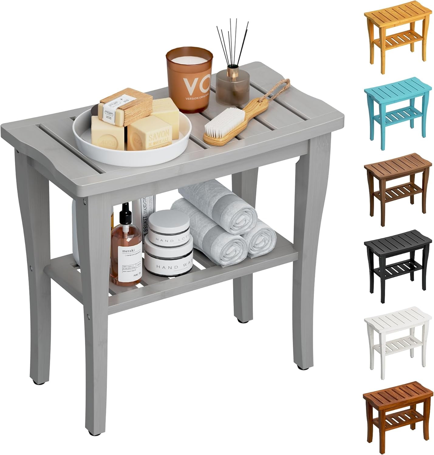 Bamboo Shower Bench Stool with Storage Shelf, Waterproof Shower Chair ...