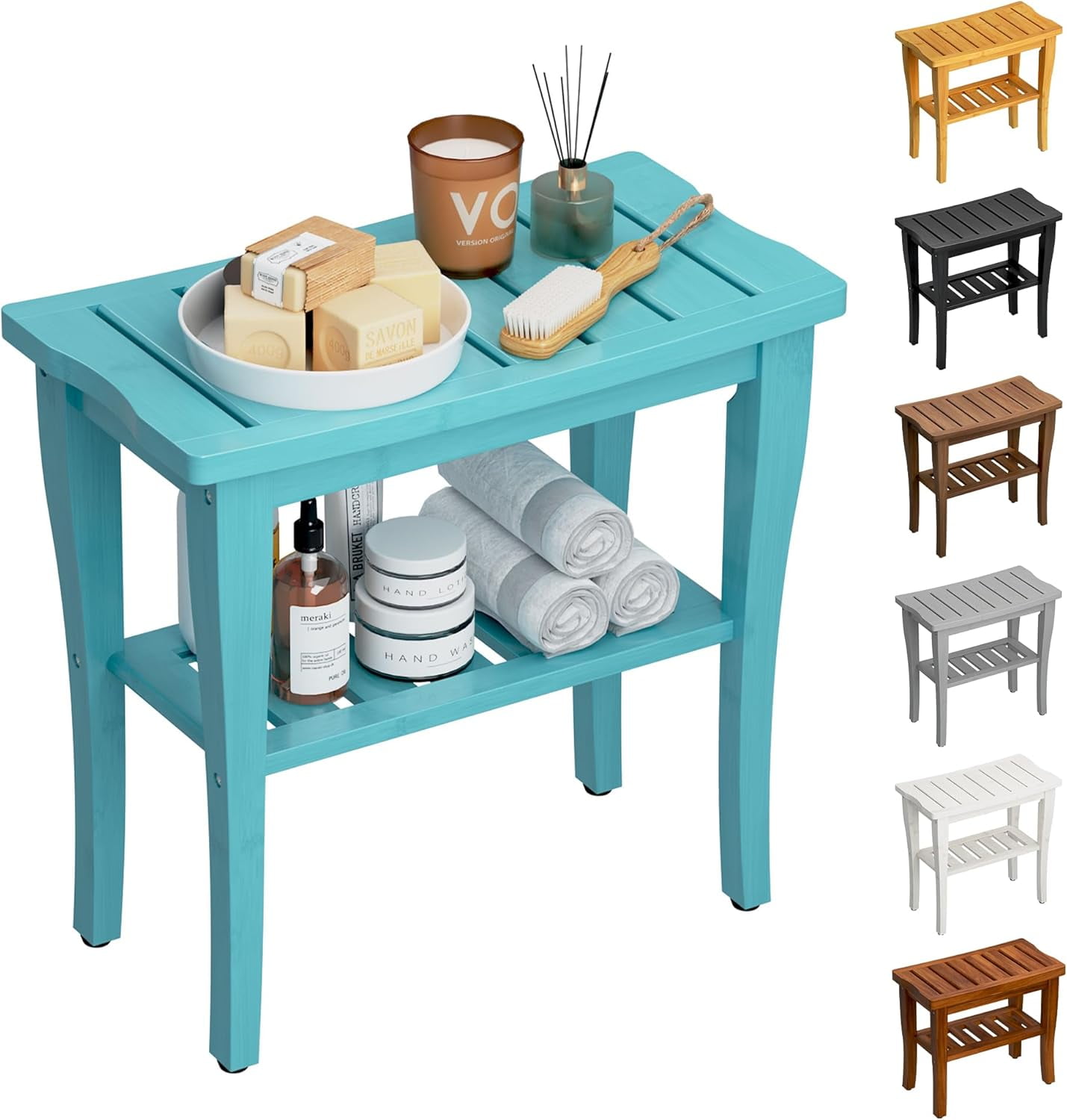 Bamboo Shower Bench Stool with Storage Shelf, Waterproof Shower Chair ...