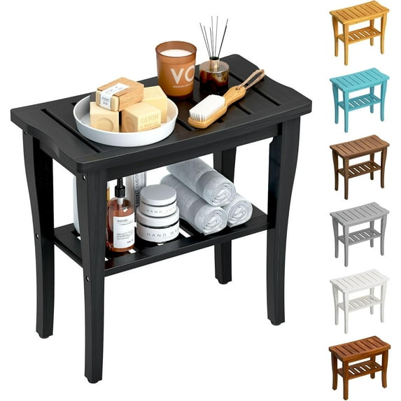 Bamboo Shower Bench Stool with Storage Shelf, Waterproof Shower Chair ...