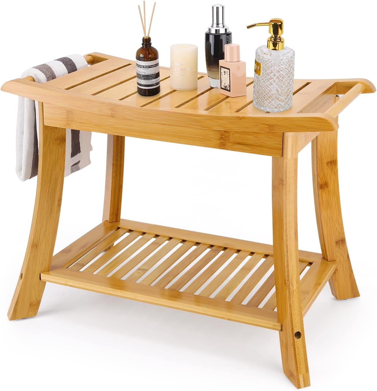Bamboo Shower Bench & Stool with Storage Shelf, Bath Benches for Inside ...