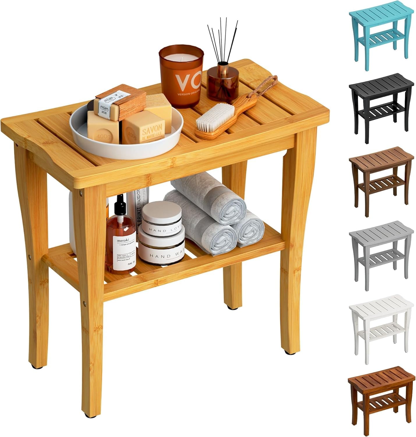 Bamboo Shower Bench Stool with Storage Shelf, Waterproof Bath Seat for ...