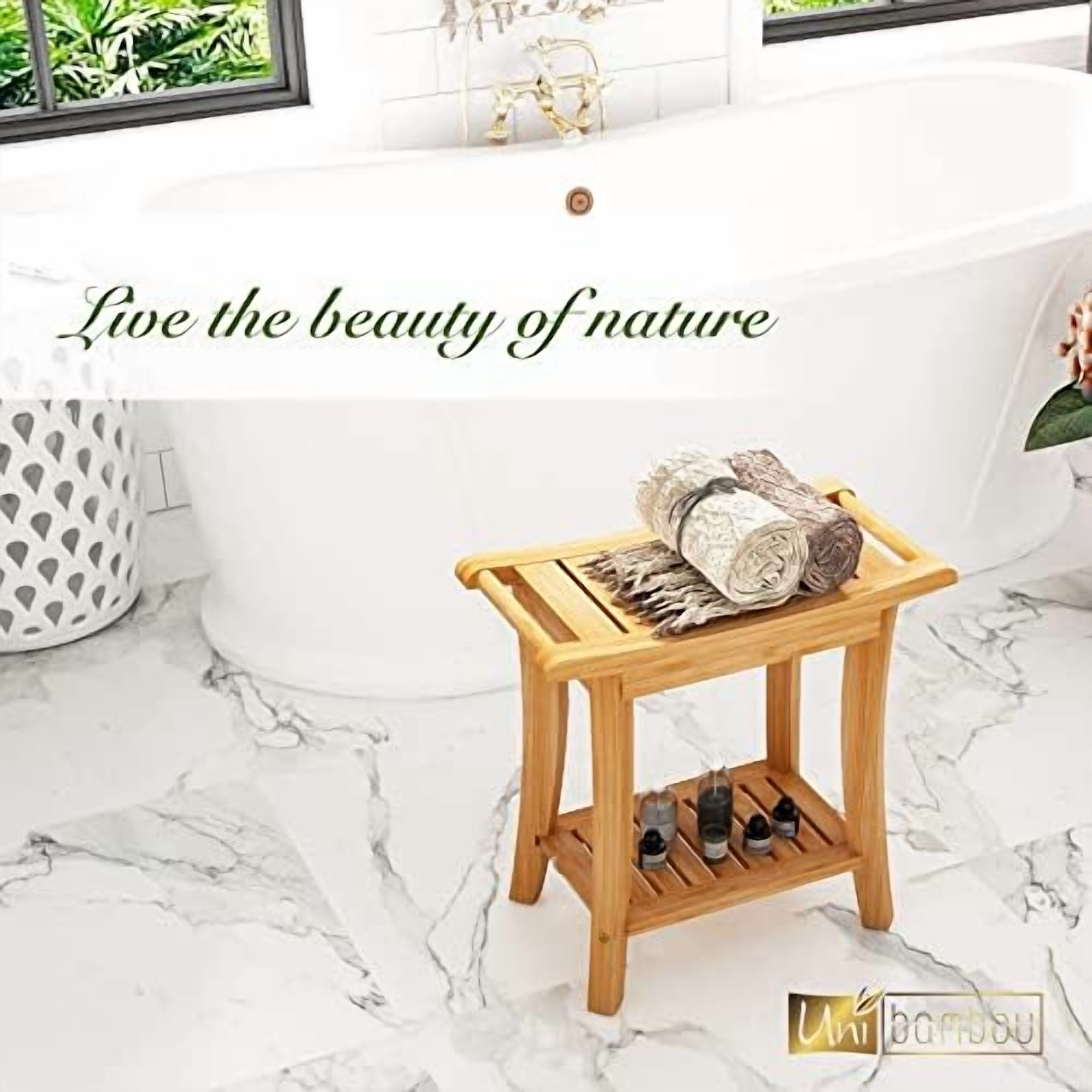 Bamboo Shower Bench with Storage Shelf, Wooden Spa Bath Deluxe ...