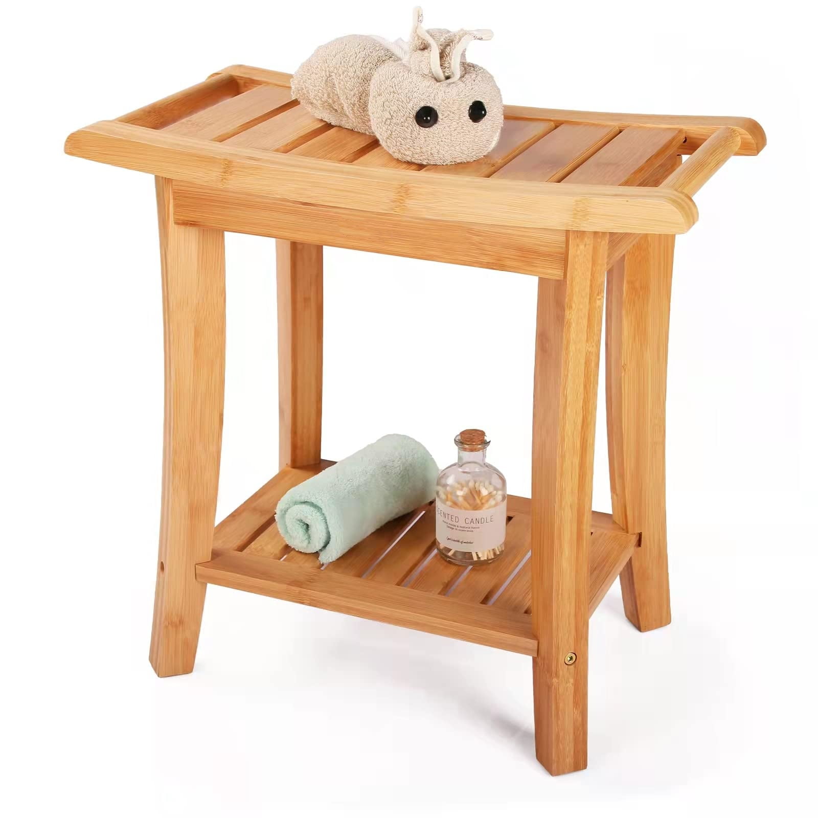 Bamboo Shower Bench with Storage Shelf, Wooden Spa Bath Deluxe ...