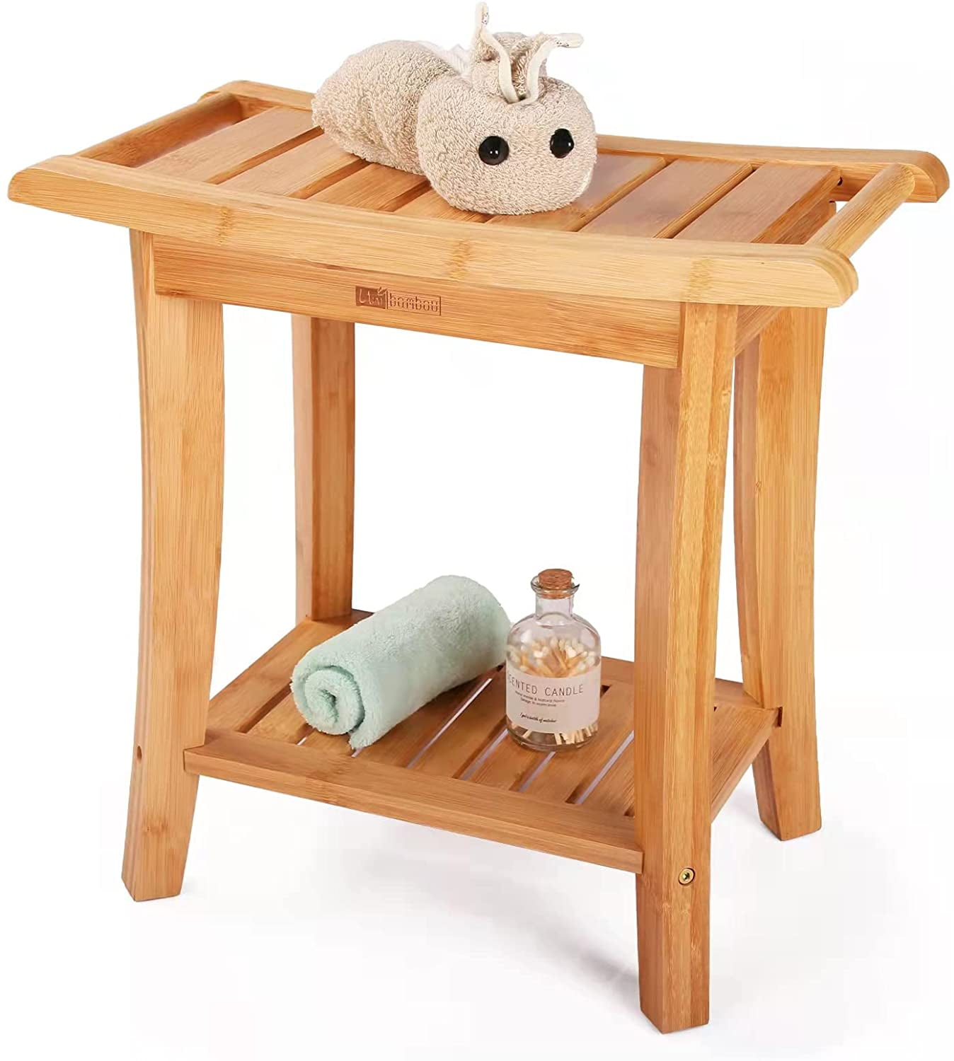Bamboo Shower Bench with Storage Shelf, Wooden Spa Bath Deluxe ...