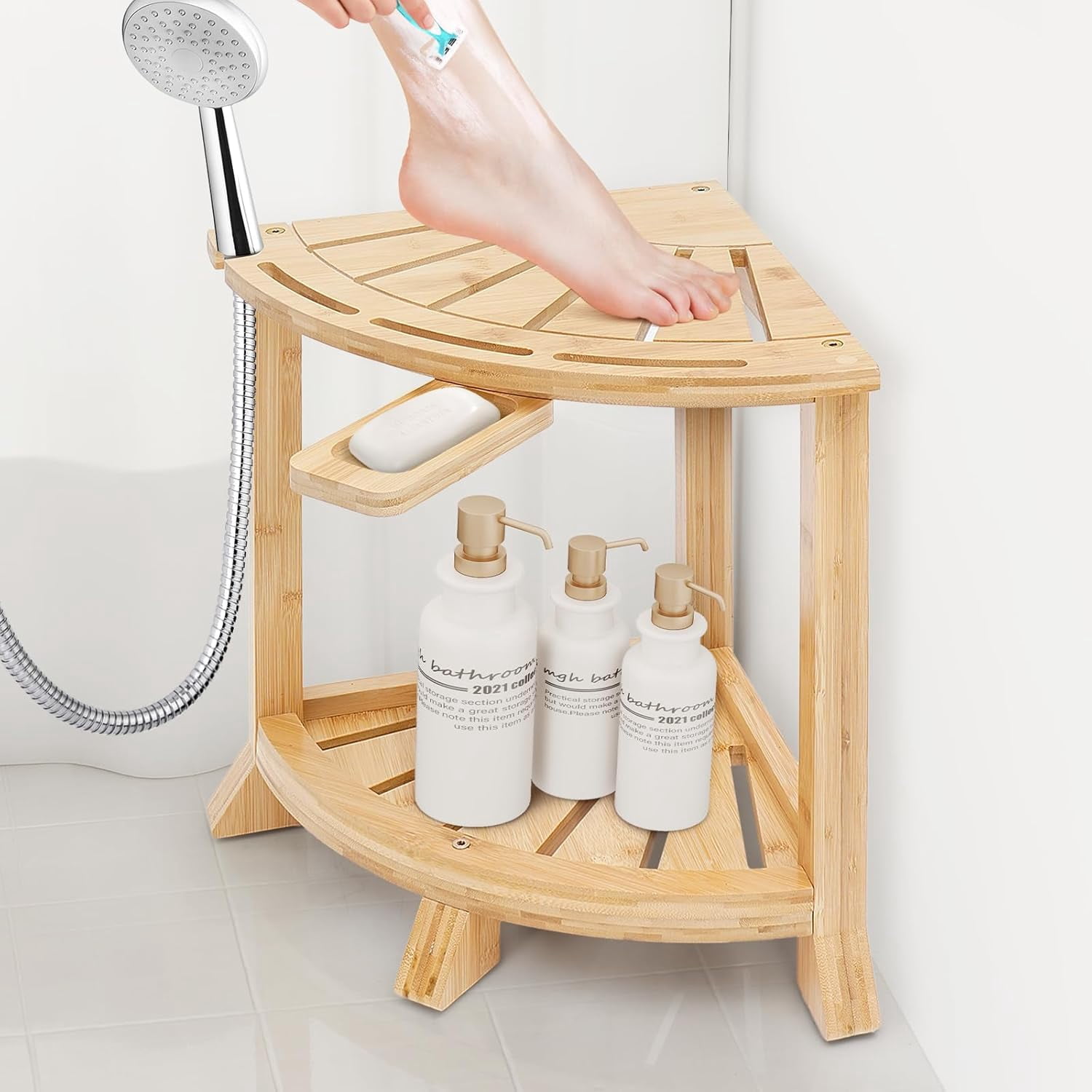 Bamboo Shower Bench with Storage Shelf, 2-in-1 Corner Stool & Foot Rest ...