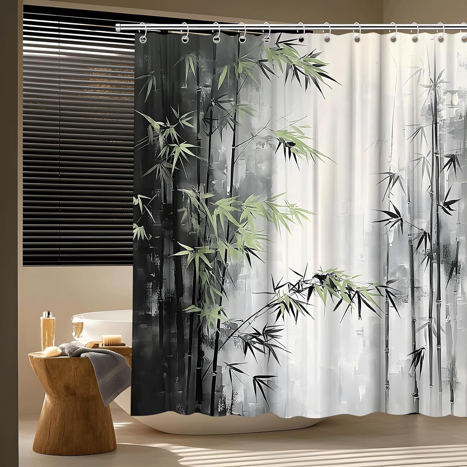 Bamboo Shower Curtain Vintage Asian Ink Painting Green Plant Leaf ...