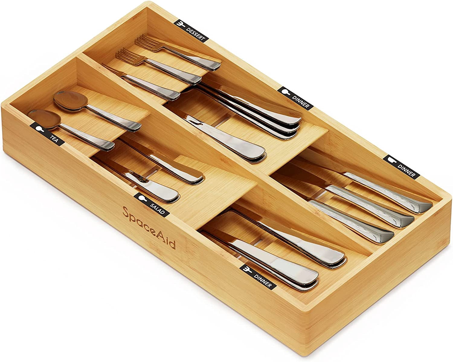 Bamboo Silverware Drawer Organizer with Labels, Kitchen Utensil Tray ...
