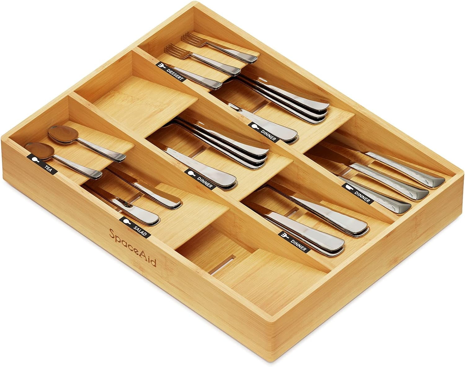 Bamboo Silverware Drawer Organizer with Labels, Kitchen Utensil Tray ...