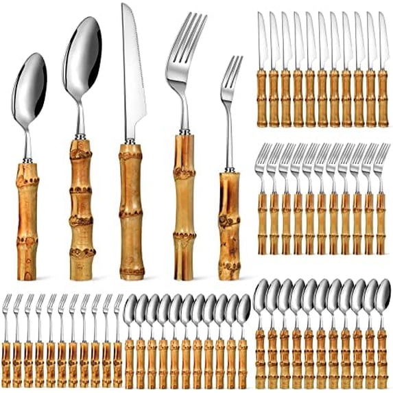 Bamboo Silverware Set 18/8 Stainless Steel Tableware Set Natural ...