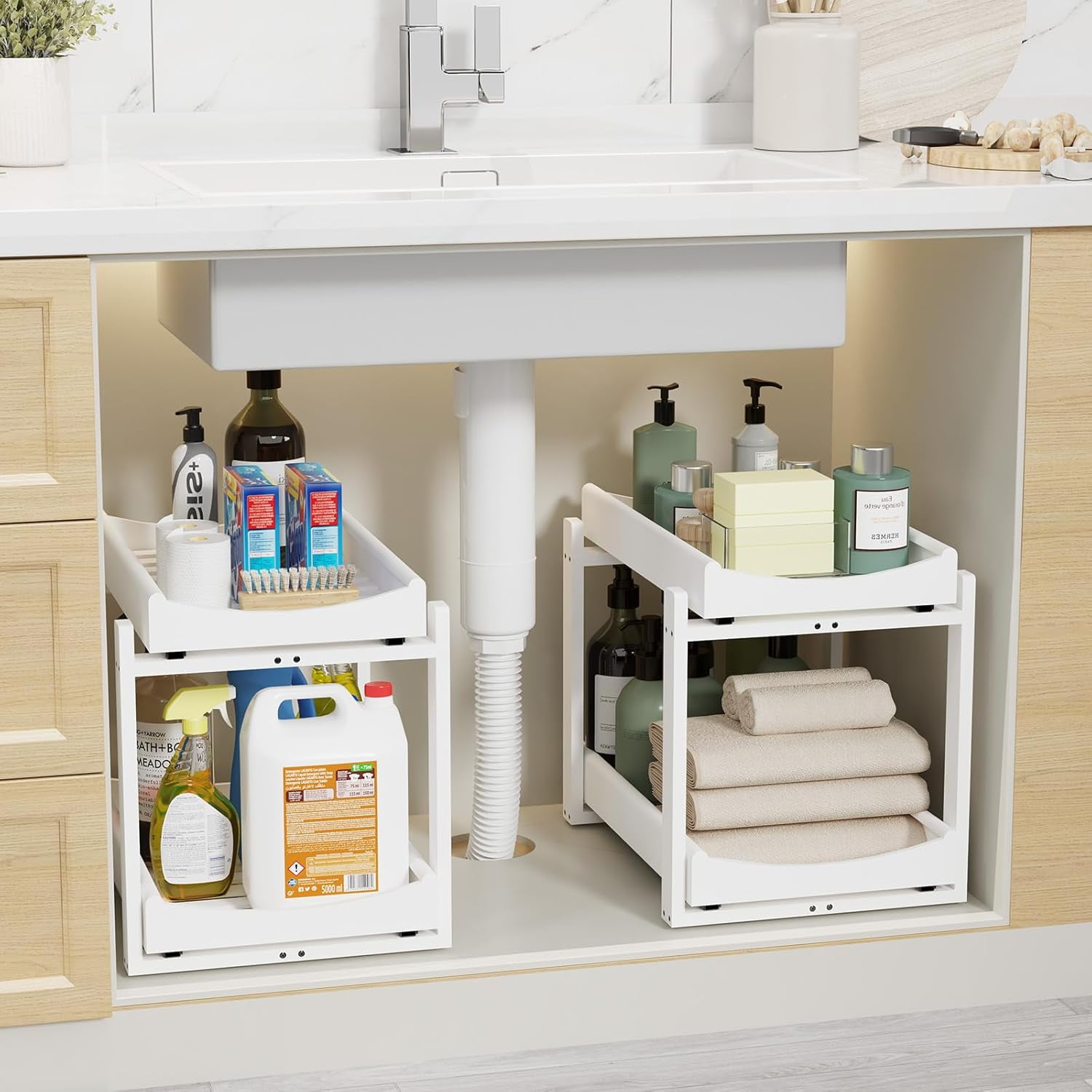 Bamboo Under Sink Organizer Adjustable Height 2 Tier Bathroom Organizer ...