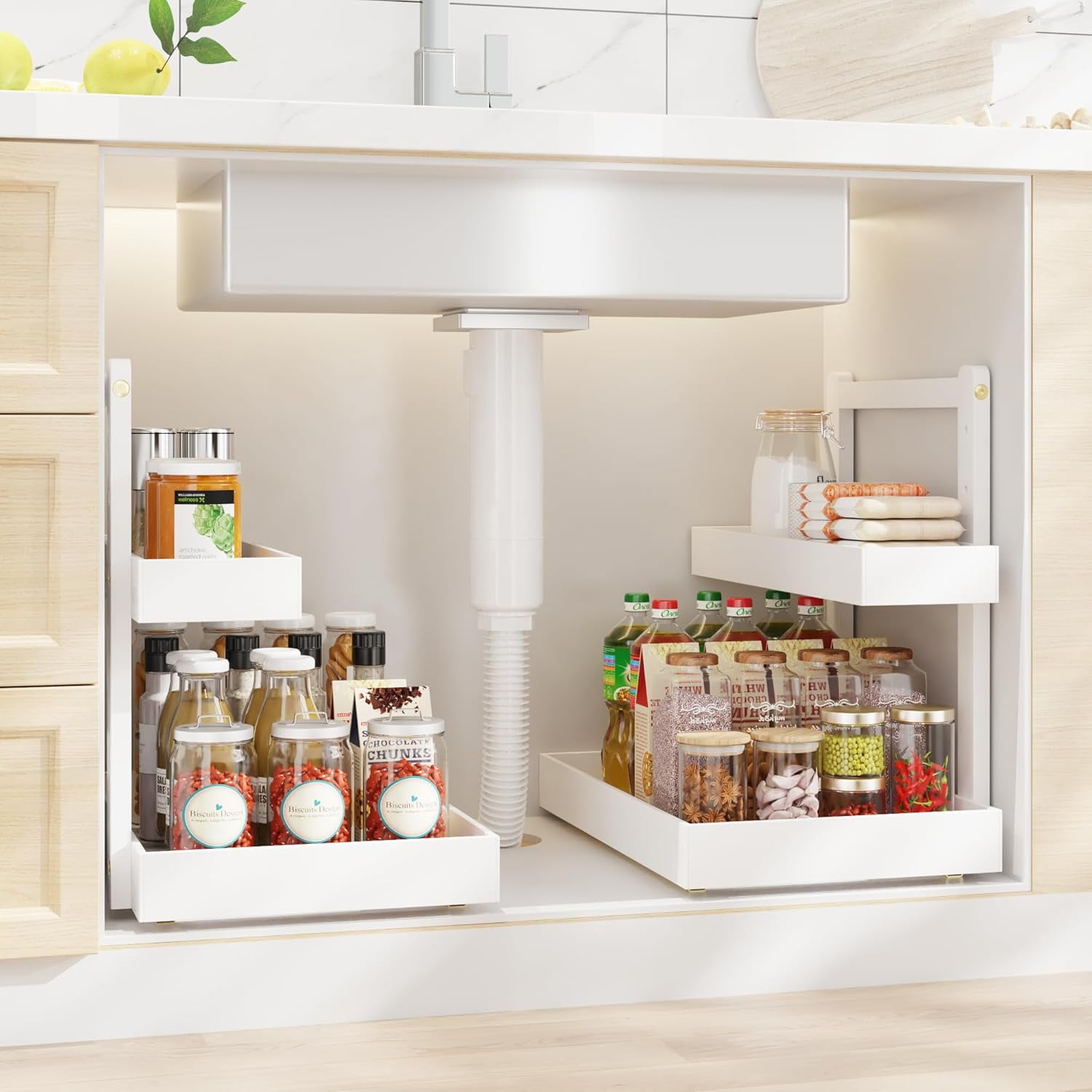 Bamboo Under Sink Organizer and Storage, 2 Tier Pull Out Cabinet ...