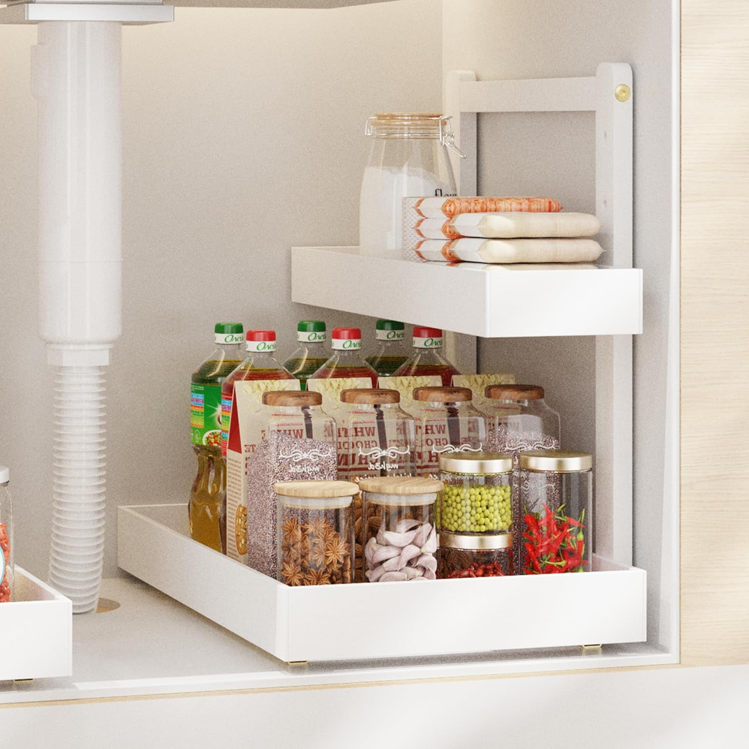 Bamboo Under Sink Organizer and Storage, 2 Tier Pull Out Cabinet ...