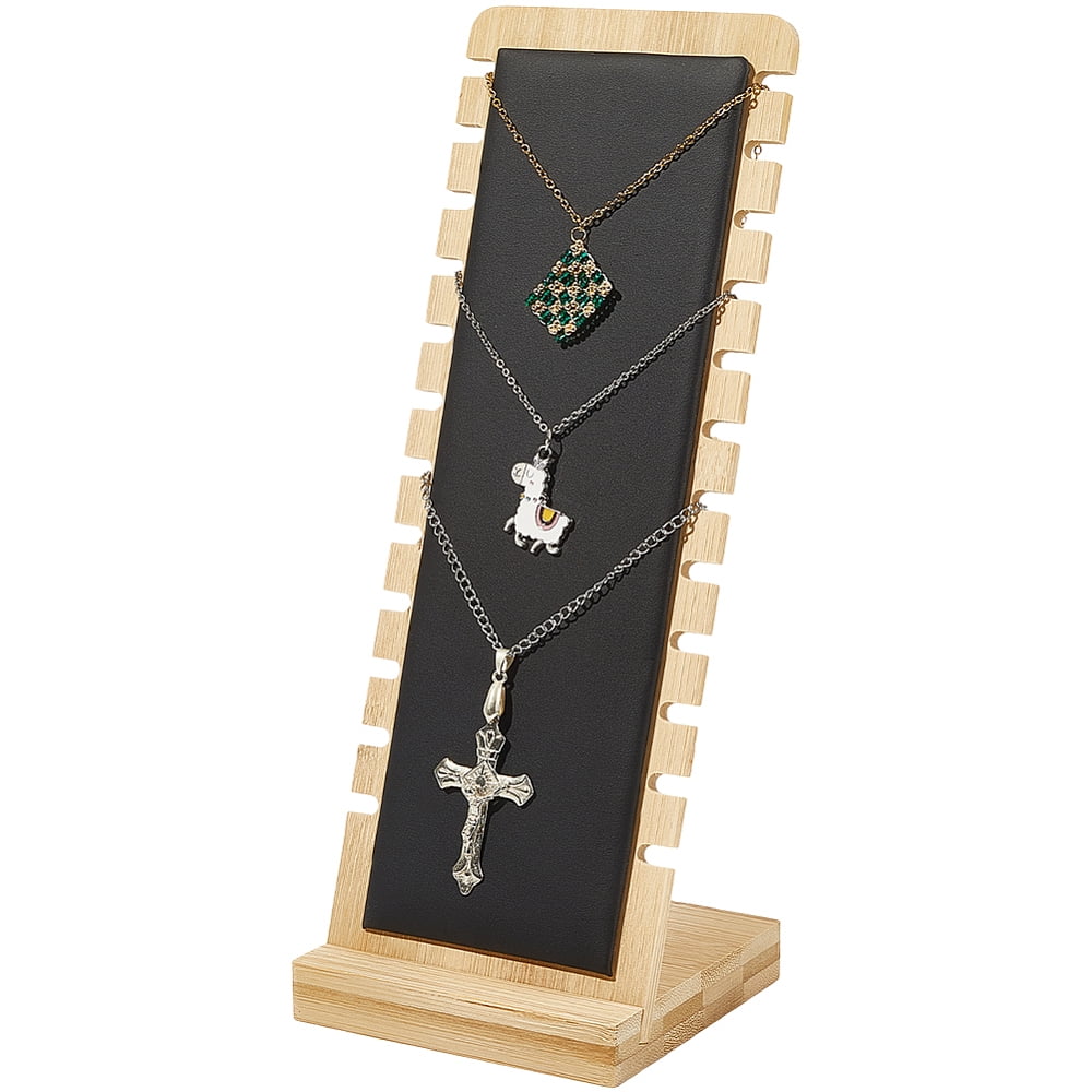 Bamboo Slant Back Necklace Organizer Display Stands with PU Leather Mat ...