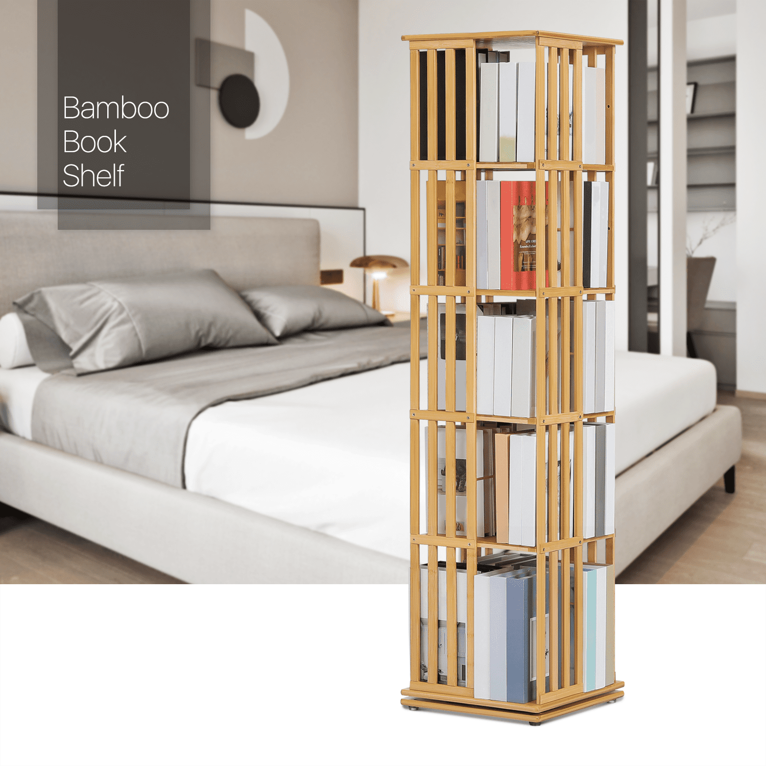 Bamboo Slat Panel[ROTATABLE BOOKCASE]Open Shelf Magazine Storage ...