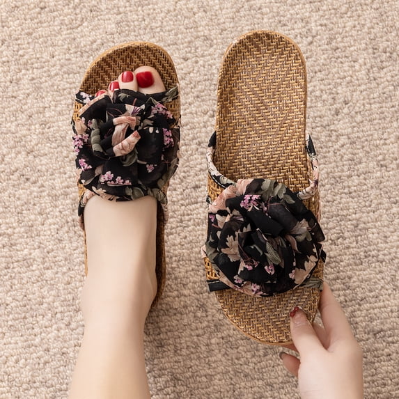 Bamboo Slippers Sandals For Women, Floral Japanese Tatami Straw Slides ...