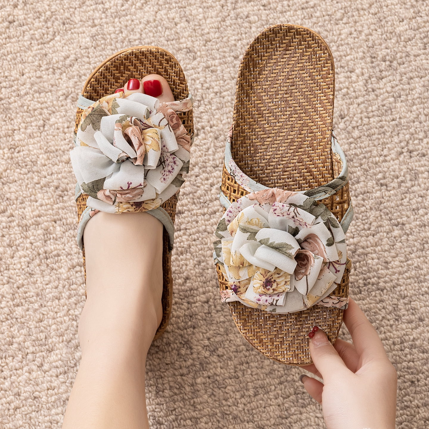 Bamboo Slippers Sandals For Women, Floral Japanese Tatami Straw Slides ...