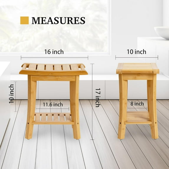 Bamboo Spa Shower Bench – Small Natural Shower Stool with Storage Shelf ...