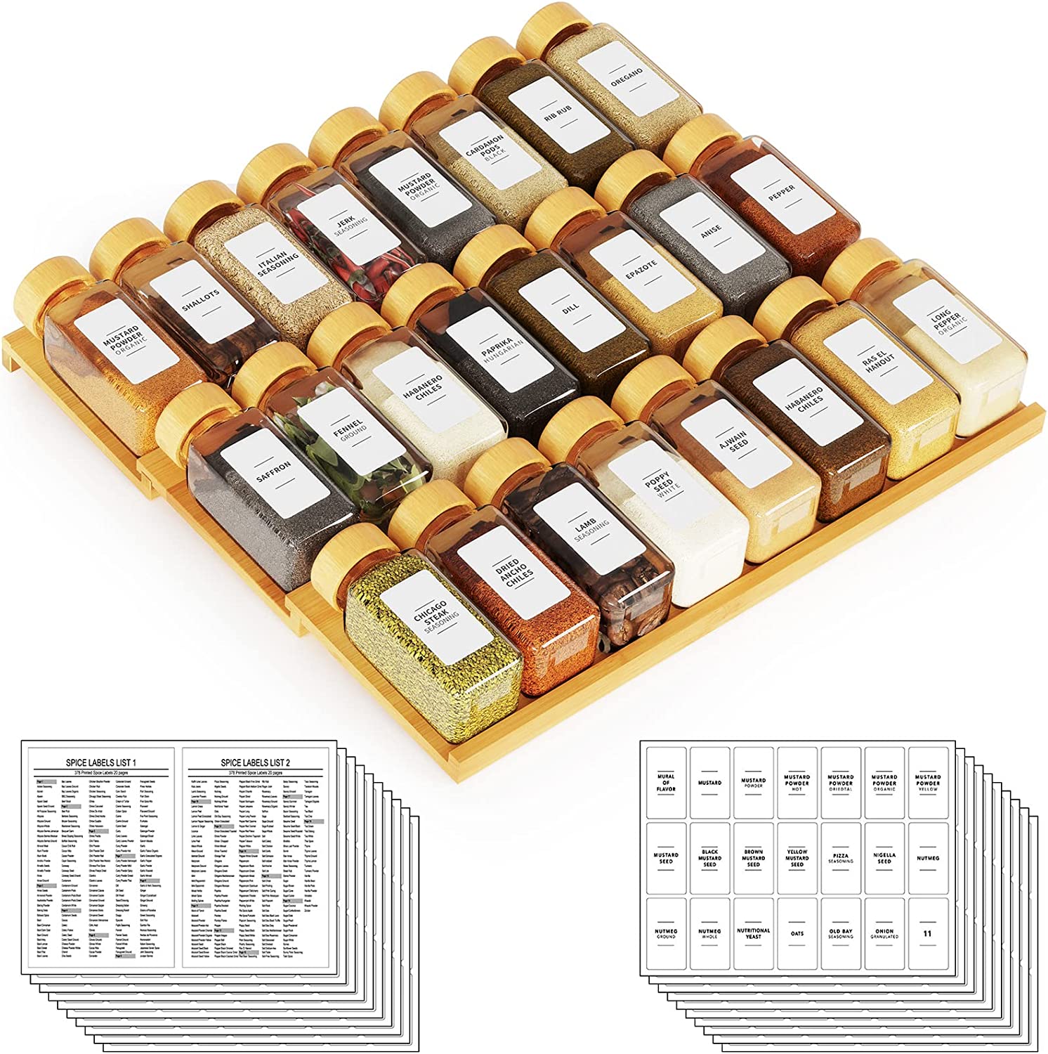 Bamboo Spice Drawer Organizer with 24 Spice Jars, 378 White Minimalist ...